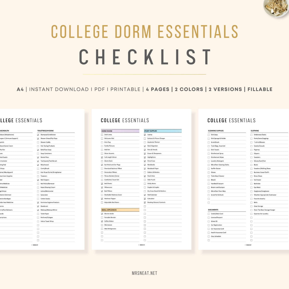 College Dorm Essentials Checklist PDF - M473 – mrsneat