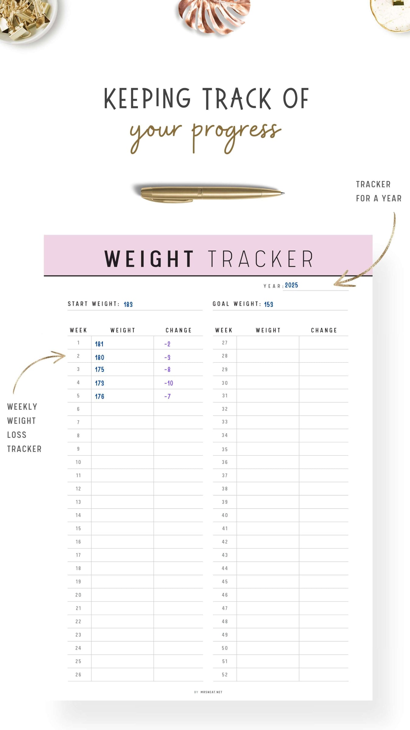 52 Week Weight Loss Tracker Printable – mrsneat