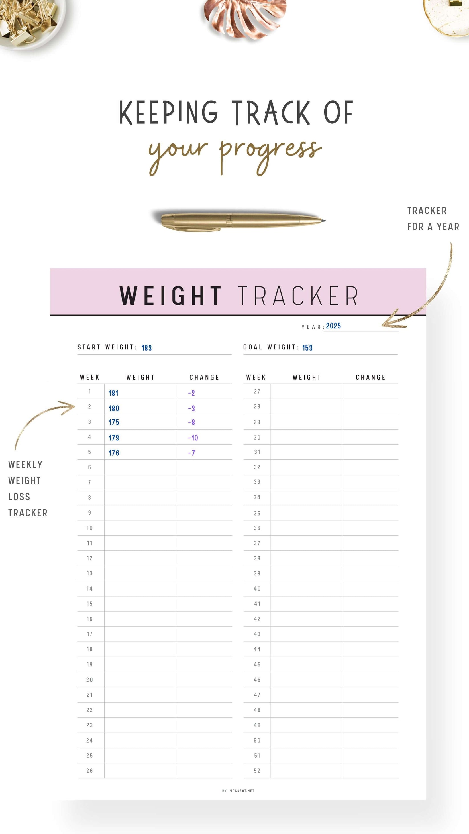 52 Week Weight Loss Tracker Printable - M277 – mrsneat