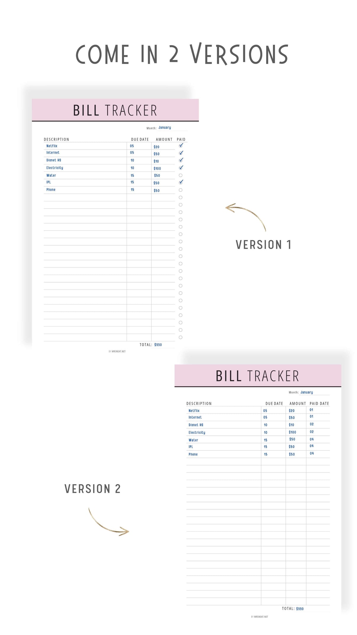 Bill Payment Tracker Printable - M283 – mrsneat