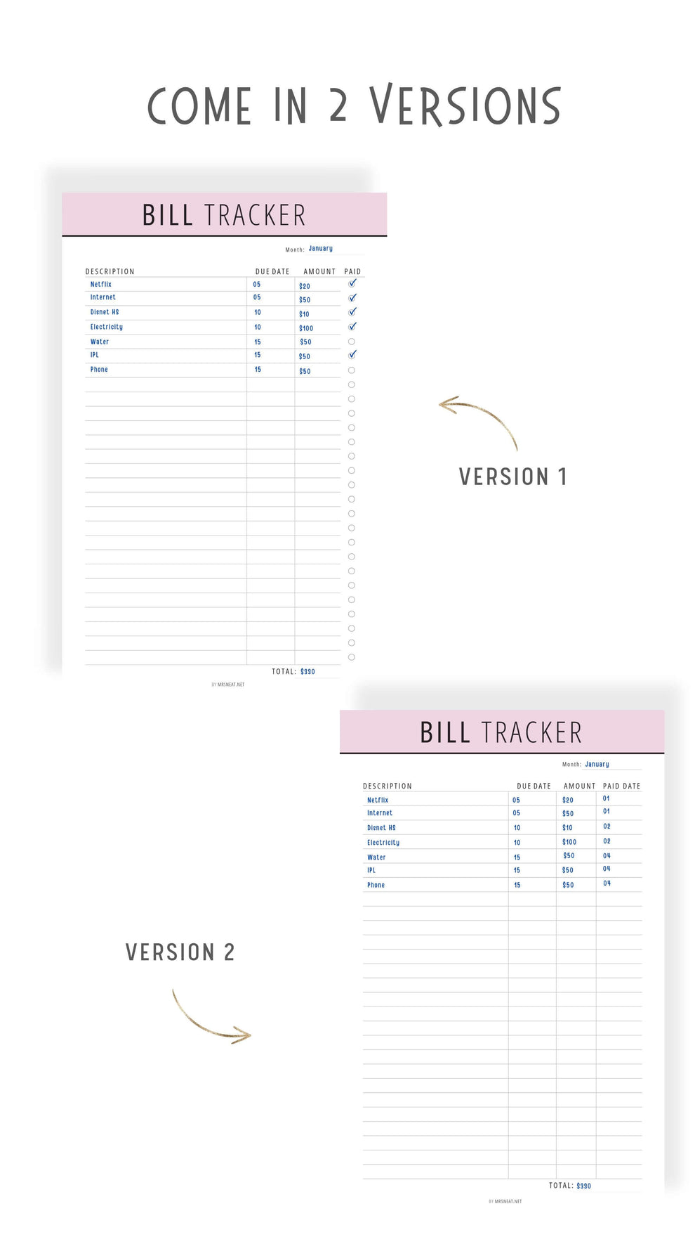 Bill Payment Tracker Printable – mrsneat