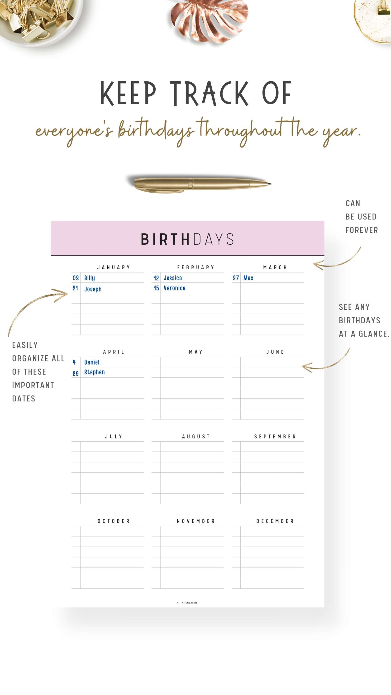 Birthday Tracker Template Printable – mrsneat