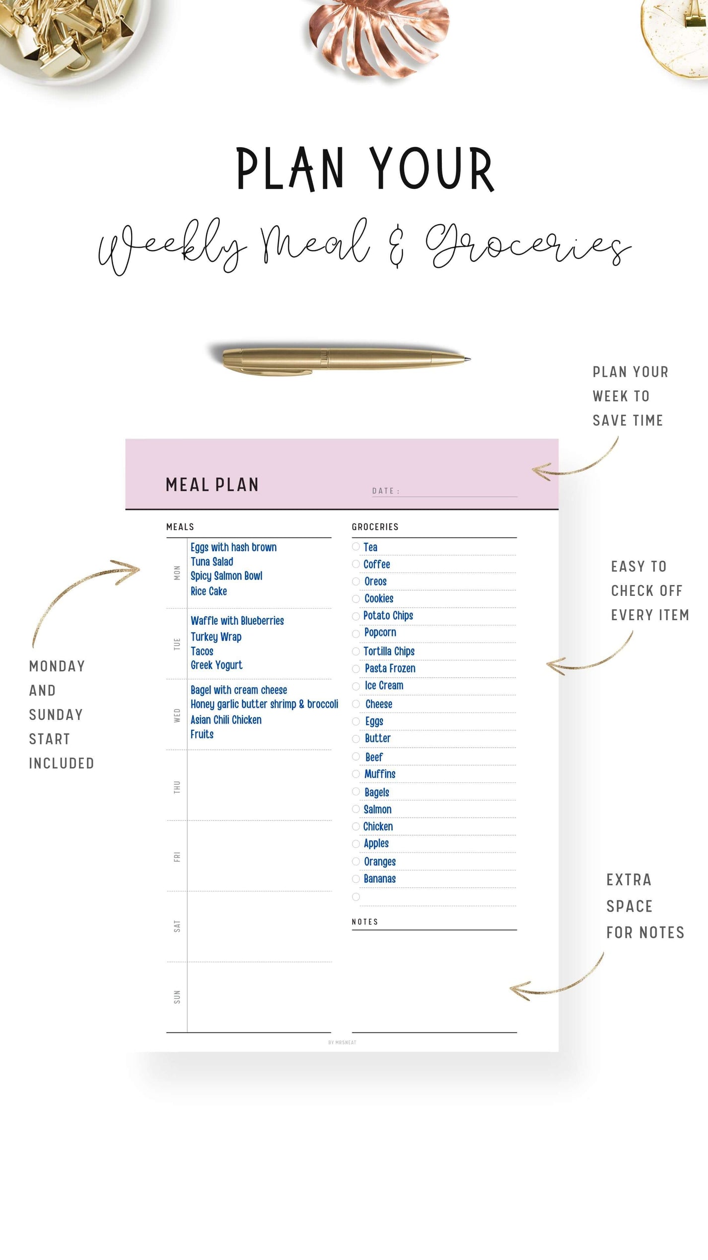 Weekly Meal Plan with Grocery List Template – mrsneat
