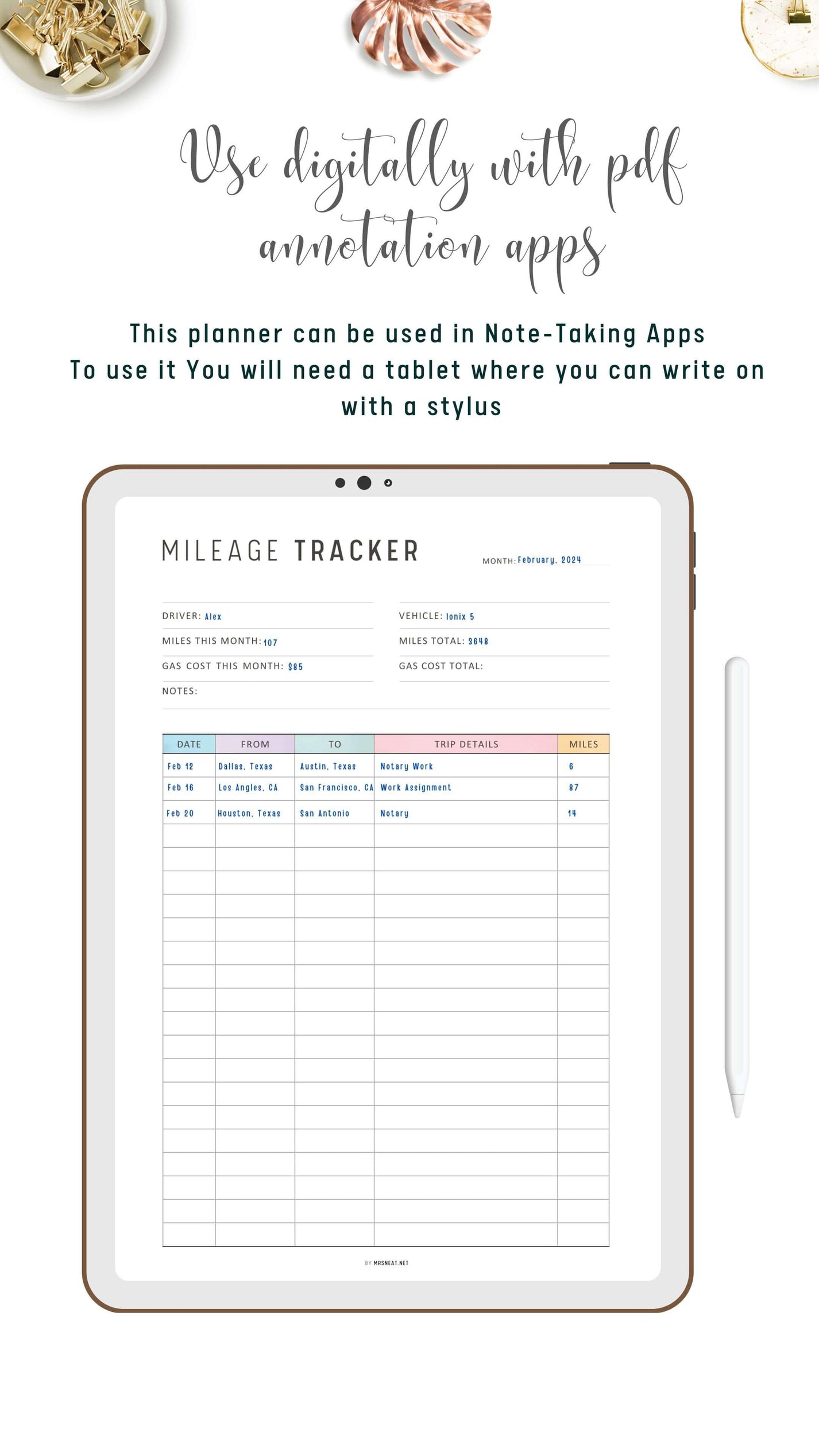 Colorful Mileage Tracker Printable - M389 – mrsneat