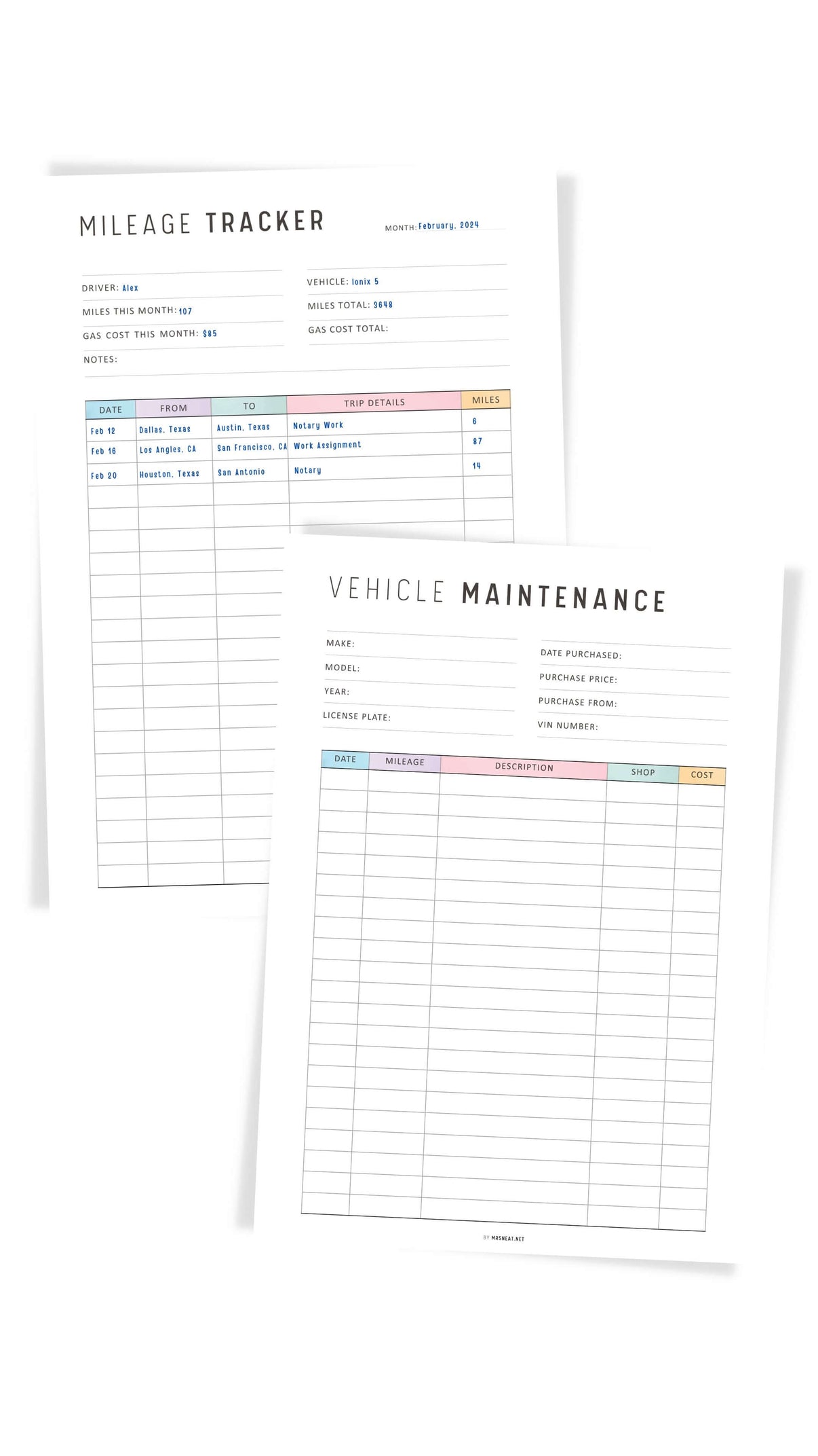 Colorful Mileage Tracker Printable - M389 – mrsneat