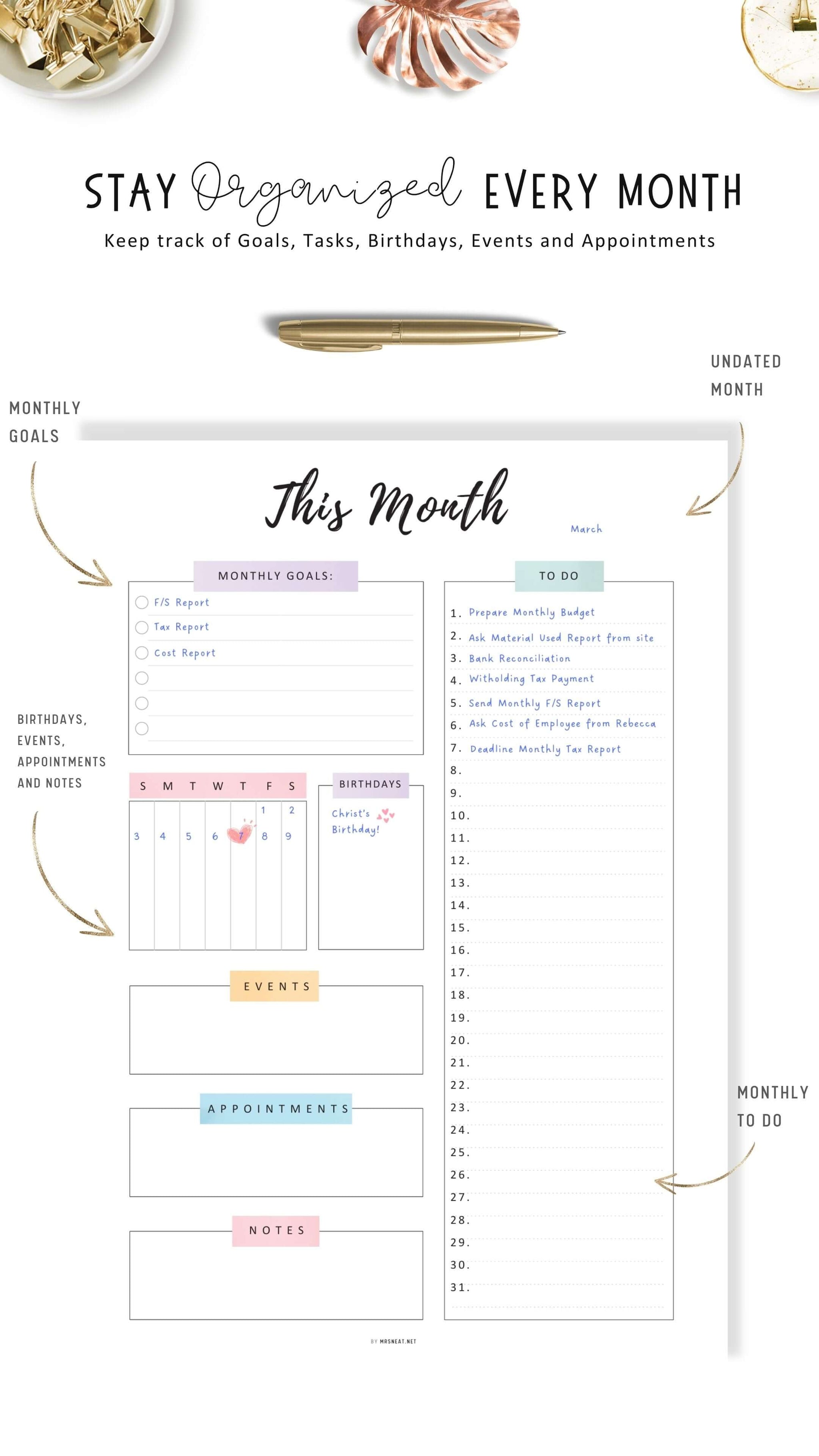 Printable Monthly Planner Template PDF – mrsneat