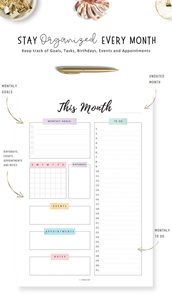 Printable Monthly Planner Template PDF - M335 – mrsneat