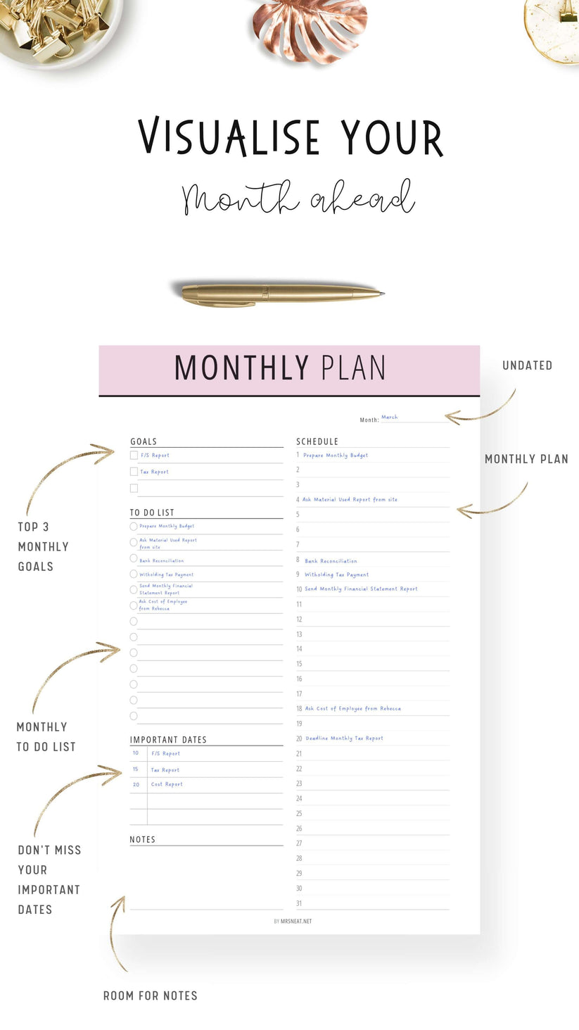 Monthly Planner Template Printable PDF – mrsneat