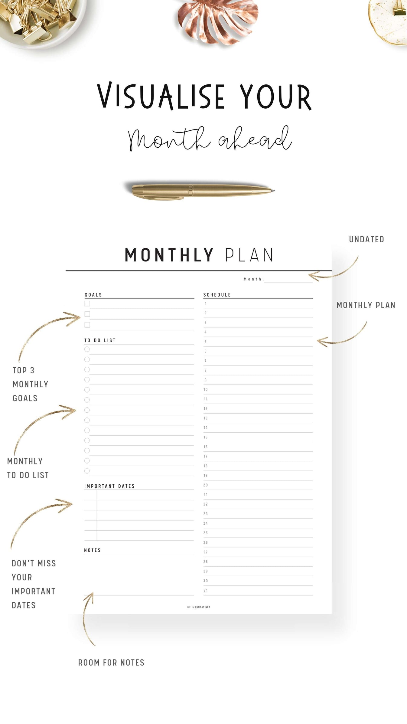 Monthly Planner Template Printable PDF - M281 – mrsneat