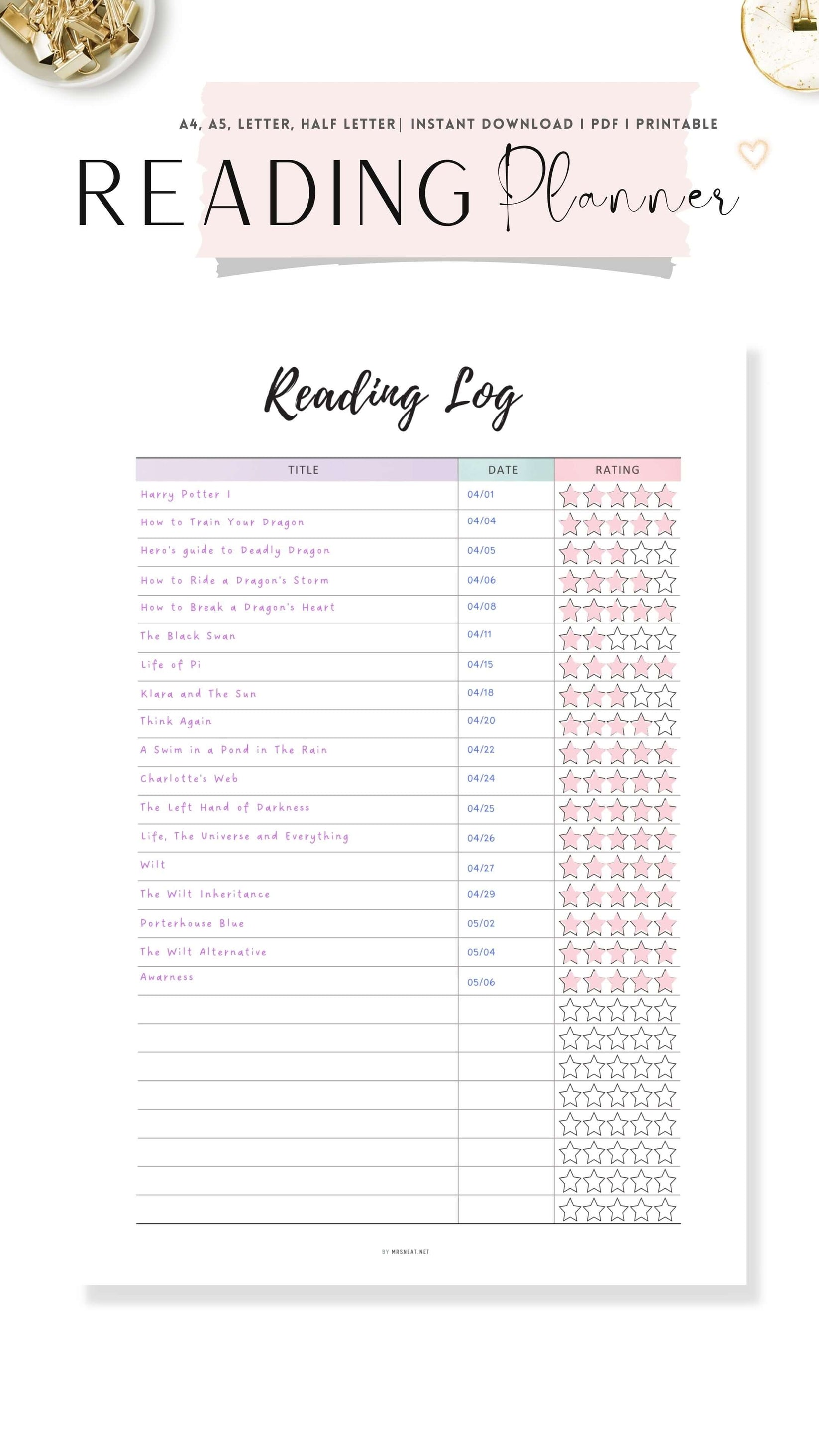 Colorful Reading Log Template Printable - M332 – mrsneat