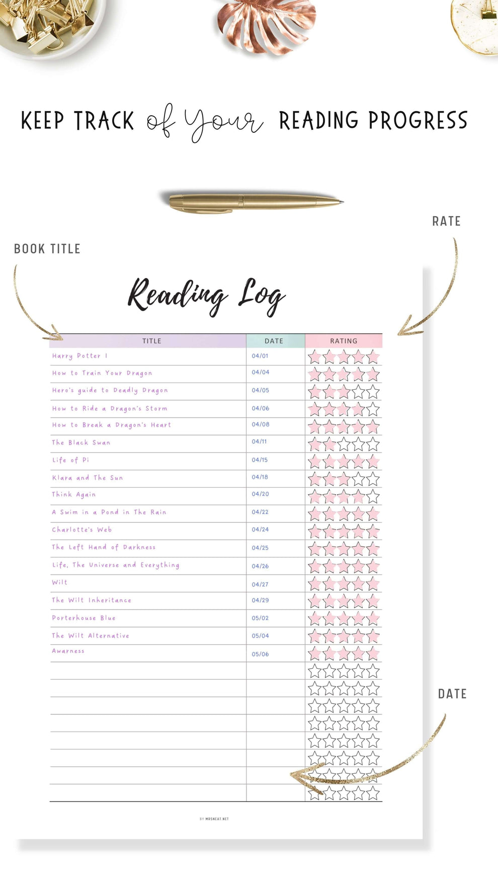 Colorful Reading Log Template Printable - M332 – mrsneat