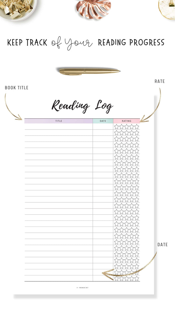 Colorful Reading Log Template Printable - M332 – mrsneat