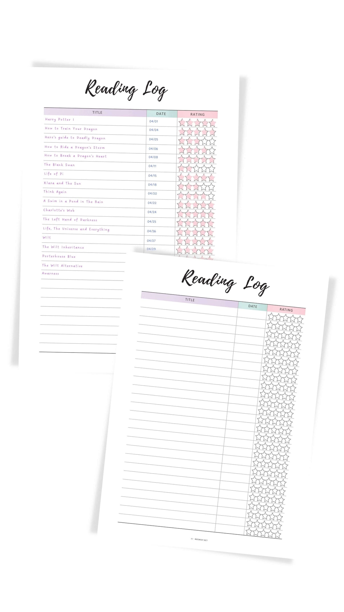 Colorful Reading Log Template Printable - M332 – mrsneat