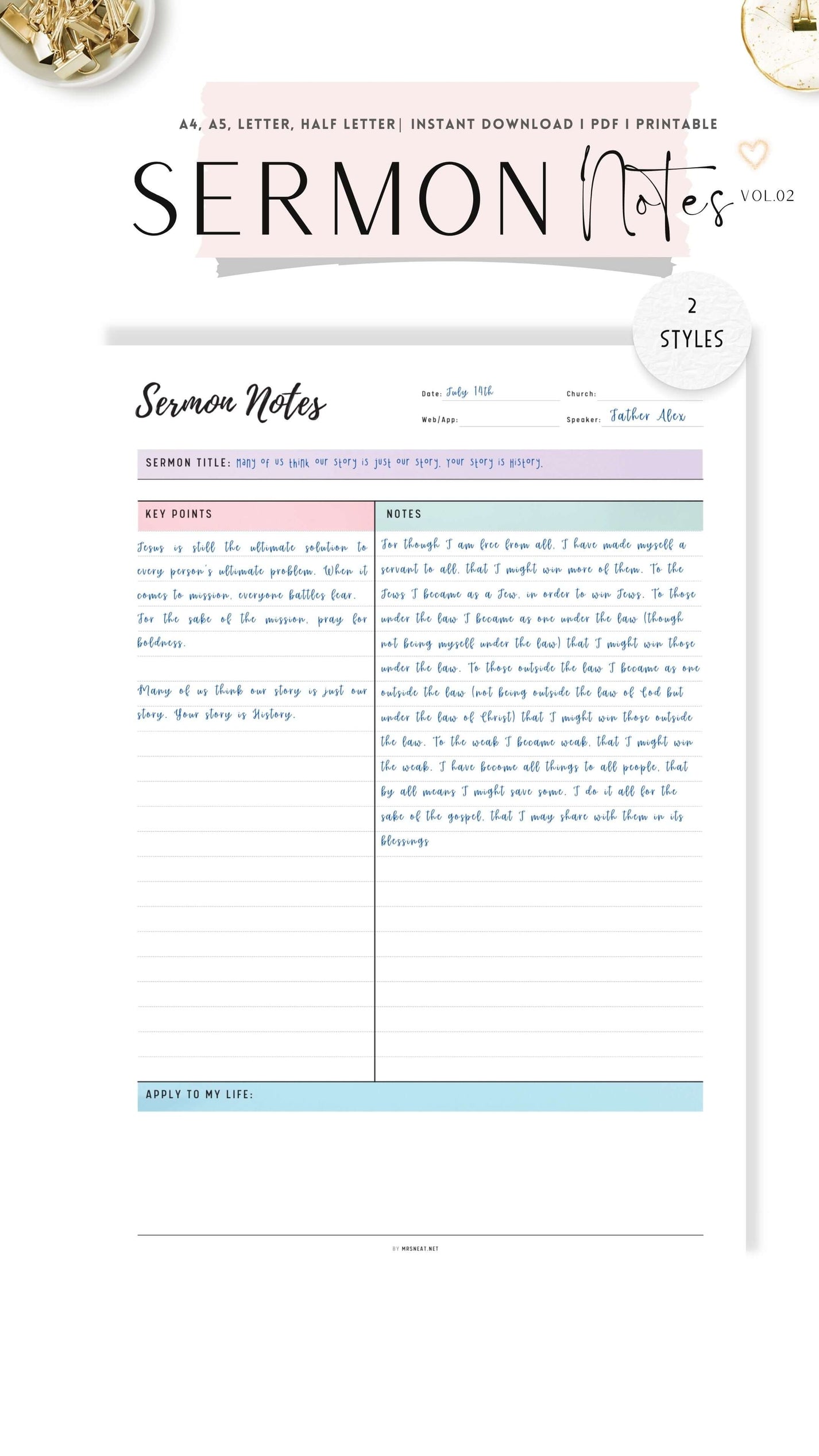 Sermon Notes Journal Printable - Vol.02 - M328 – mrsneat