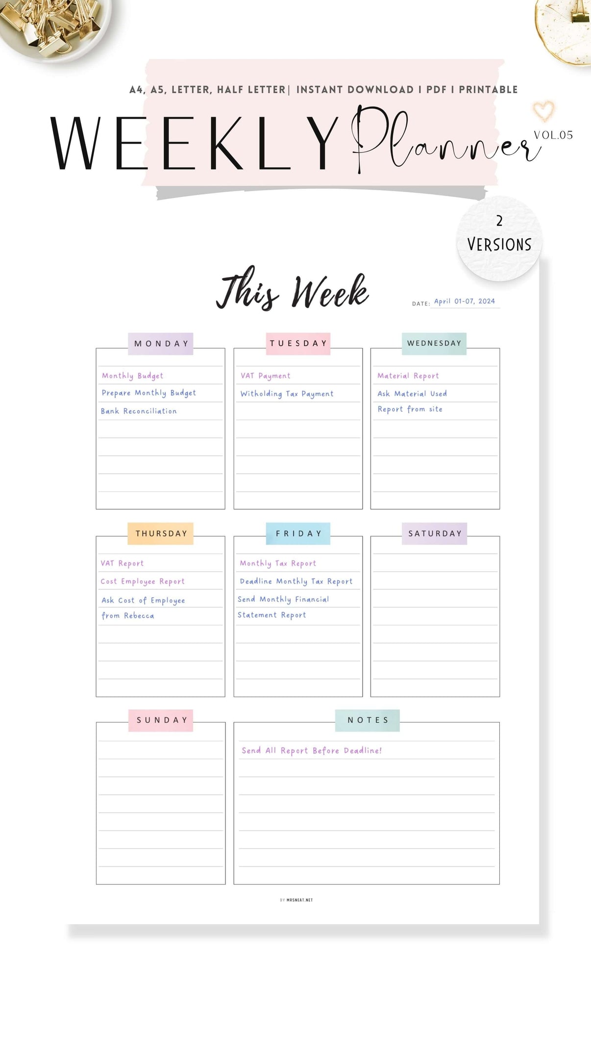 Colorful This Week Planner Template - 2 Versions - M331 – mrsneat