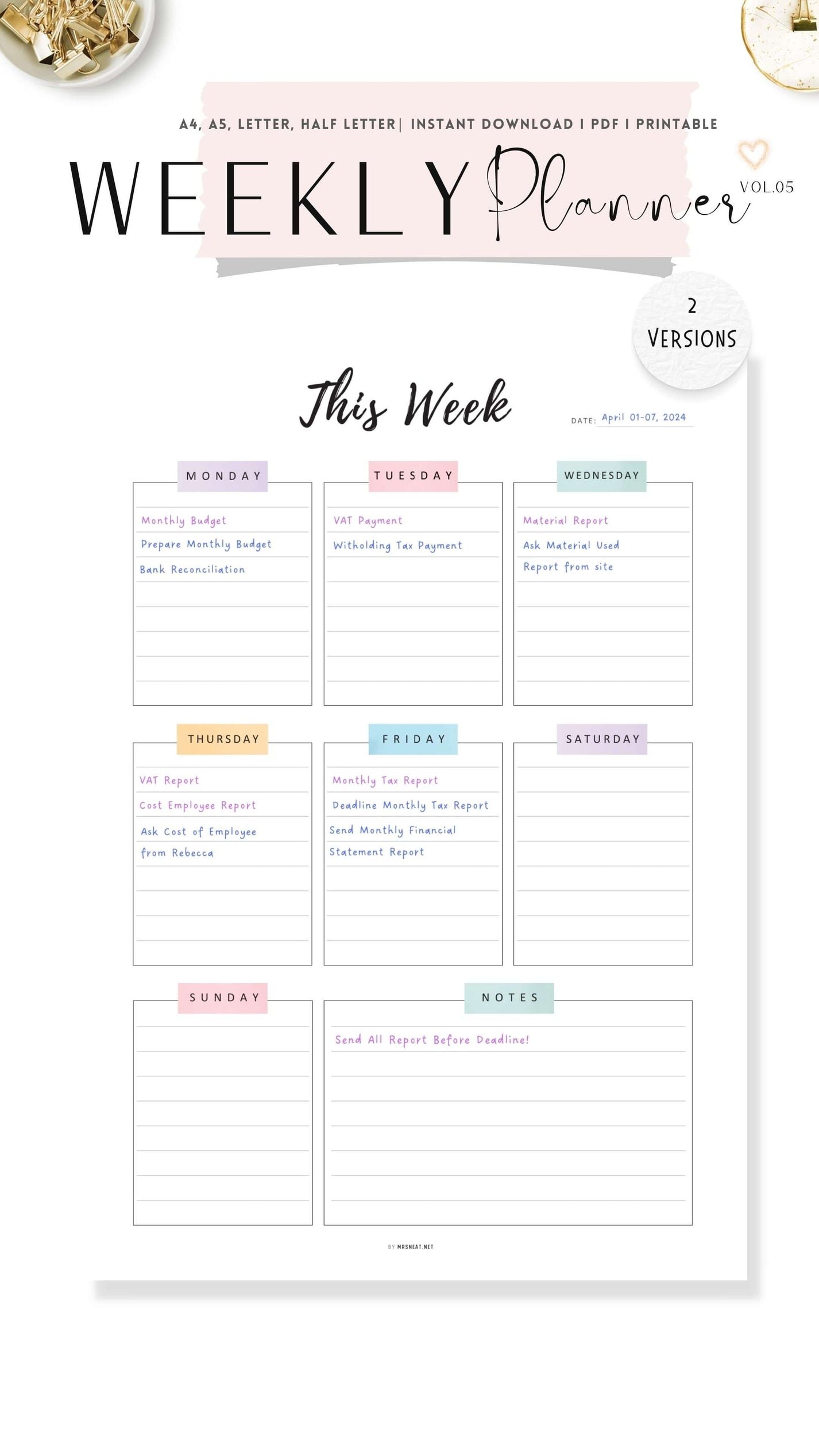 Colorful This Week Planner Template - 2 Versions - M331 – mrsneat