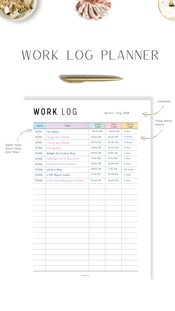 Printable Work Log Template - M327 – mrsneat