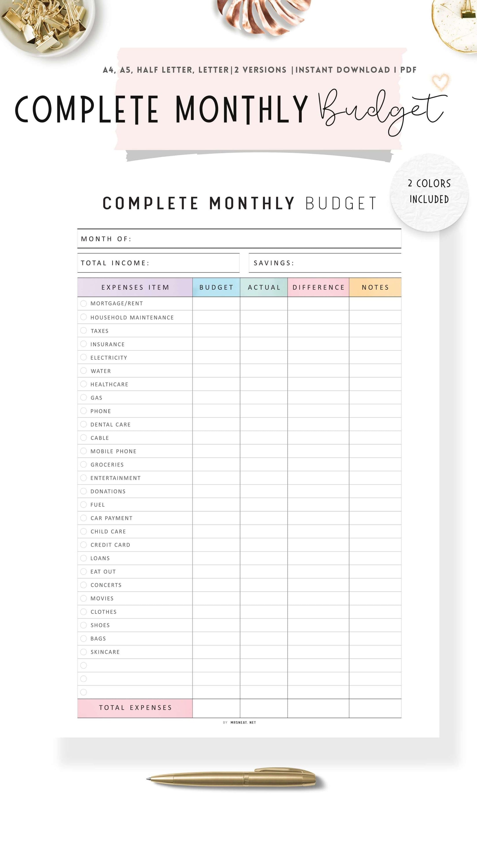 Complete Monthly Budget Template Printable - M396 – mrsneat