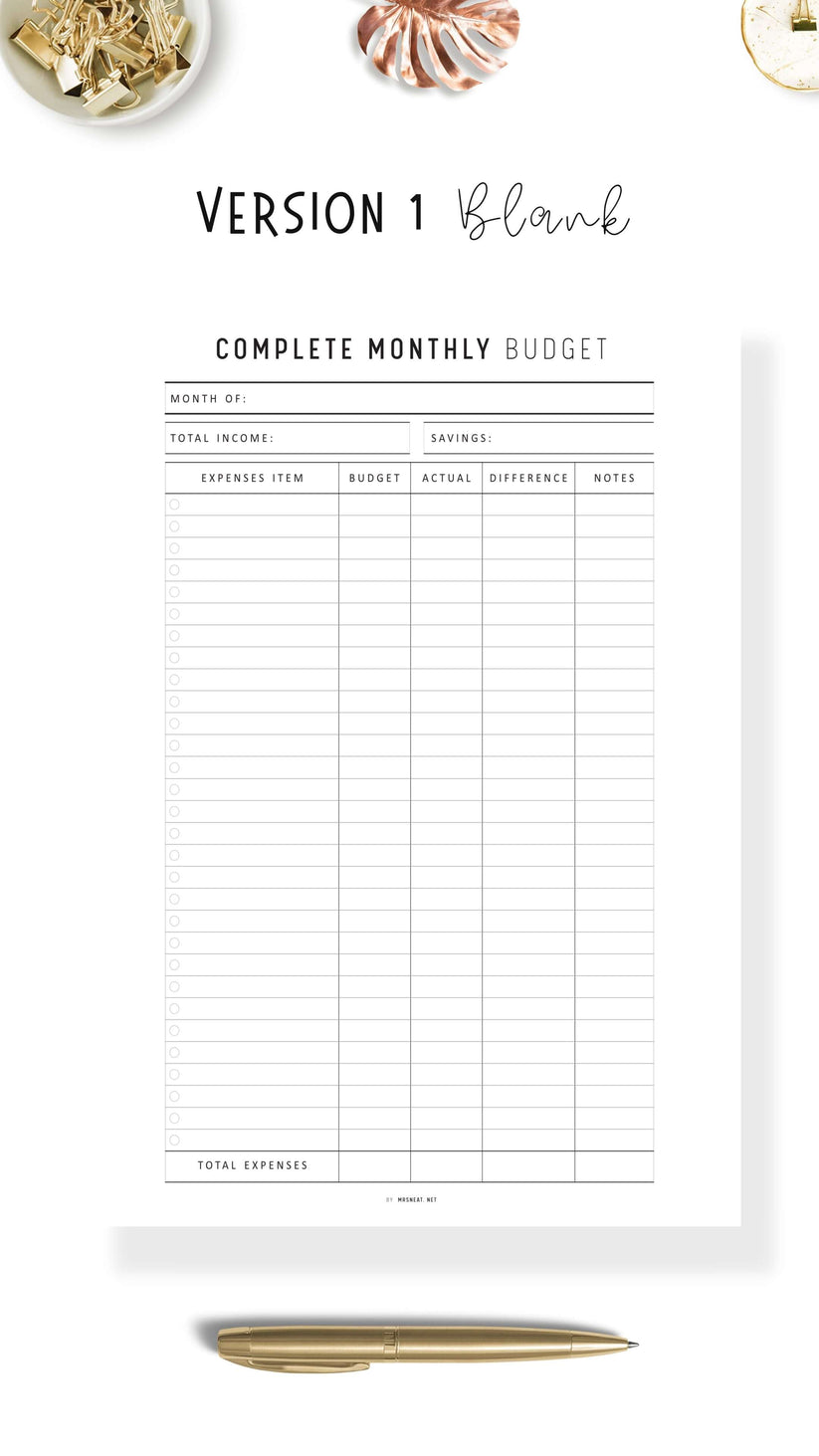 Complete Monthly Budget Template Printable - M396 – mrsneat