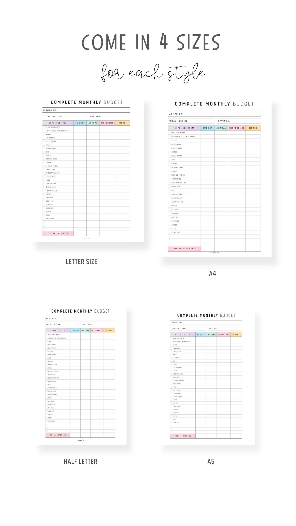 Complete Monthly Budget Template Printable - M396 – mrsneat