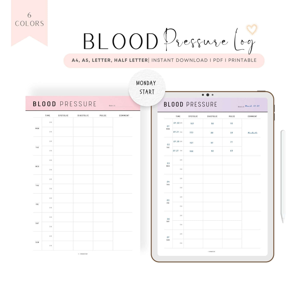 Daily Blood Pressure Log Printable - M289 – mrsneat