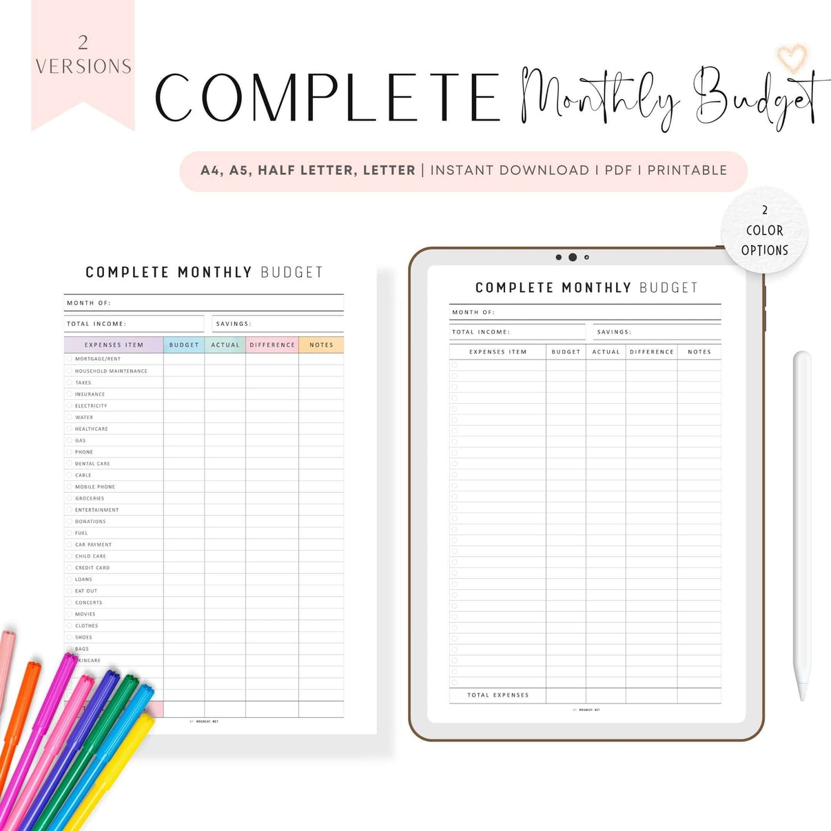 Complete Monthly Budget Template Printable - M396 – mrsneat