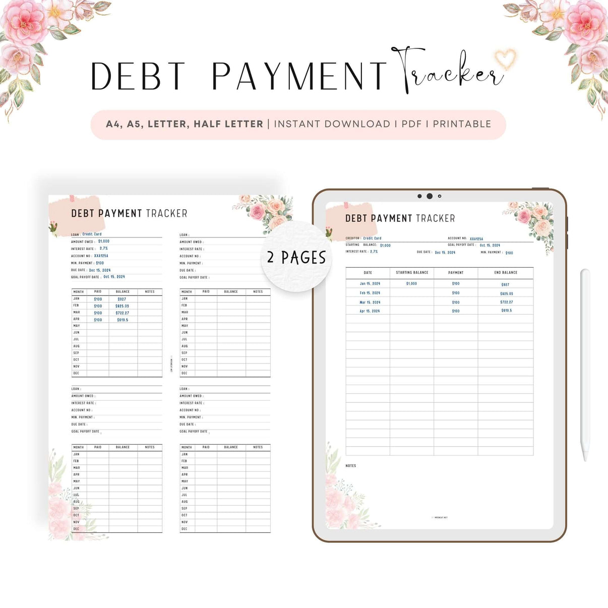 Printable Floral Debt Payment Tracker - M311 – mrsneat