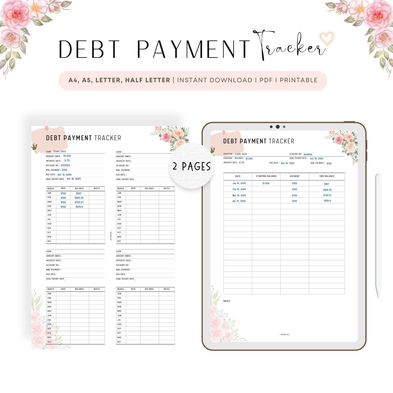 Printable Floral Debt Payment Tracker – mrsneat