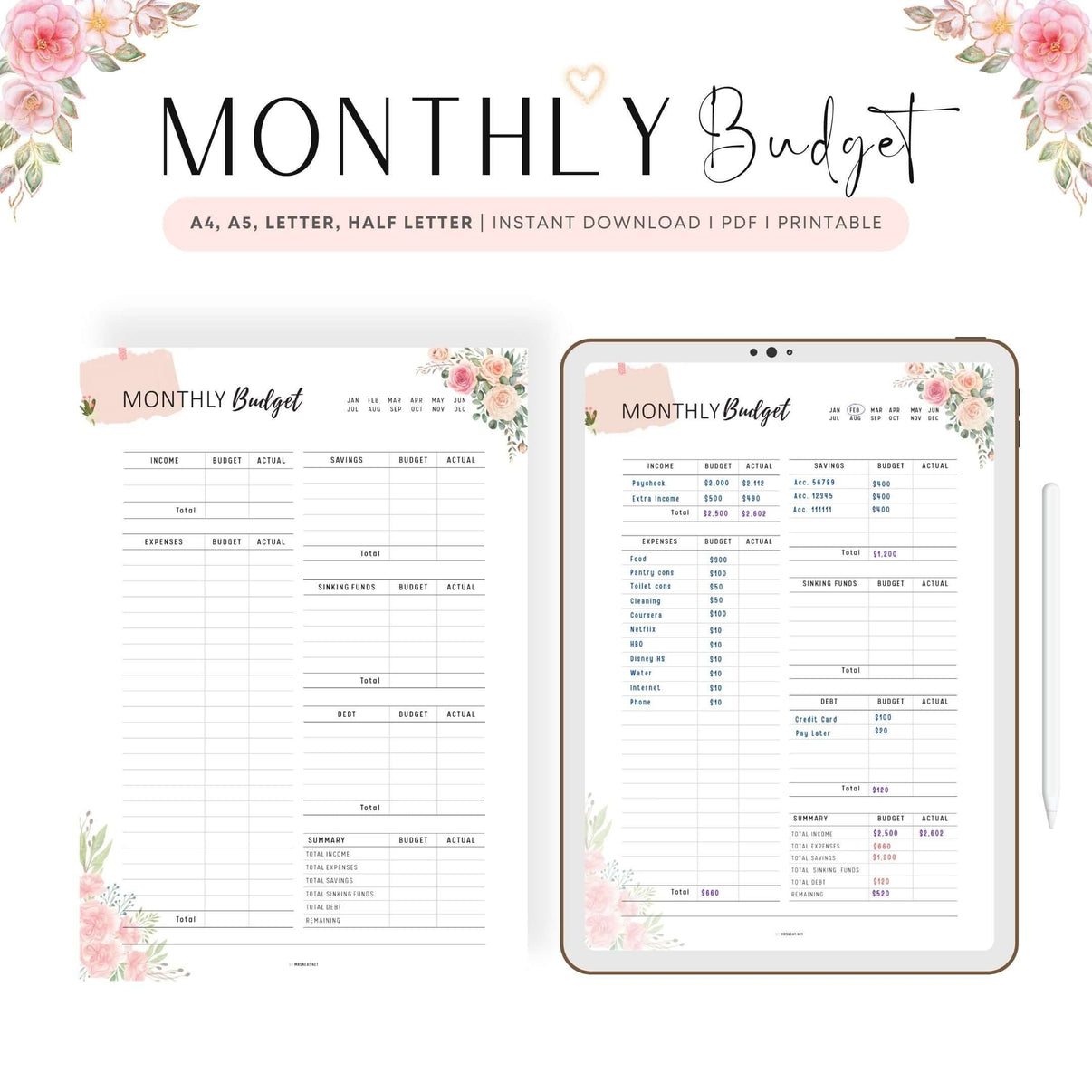 Floral Monthly Budget Tracker Printable - M313 – mrsneat