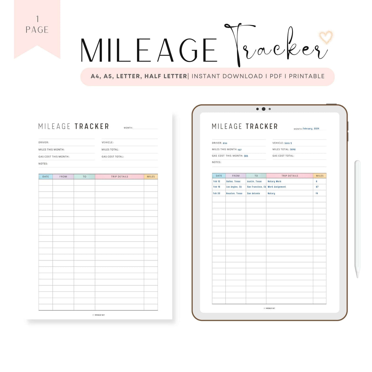 Colorful Mileage Tracker Printable – mrsneat