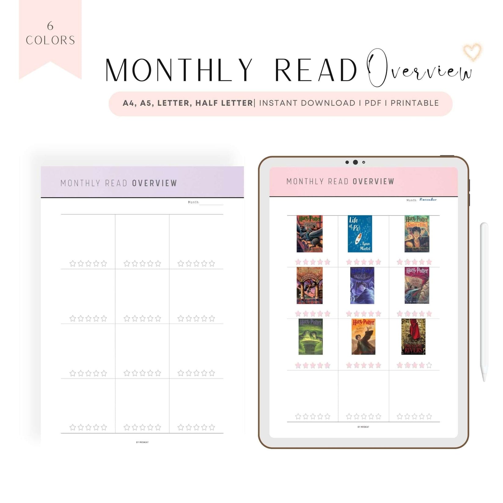 Monthly Reading Overview Template Printable PDF - M294 – mrsneat