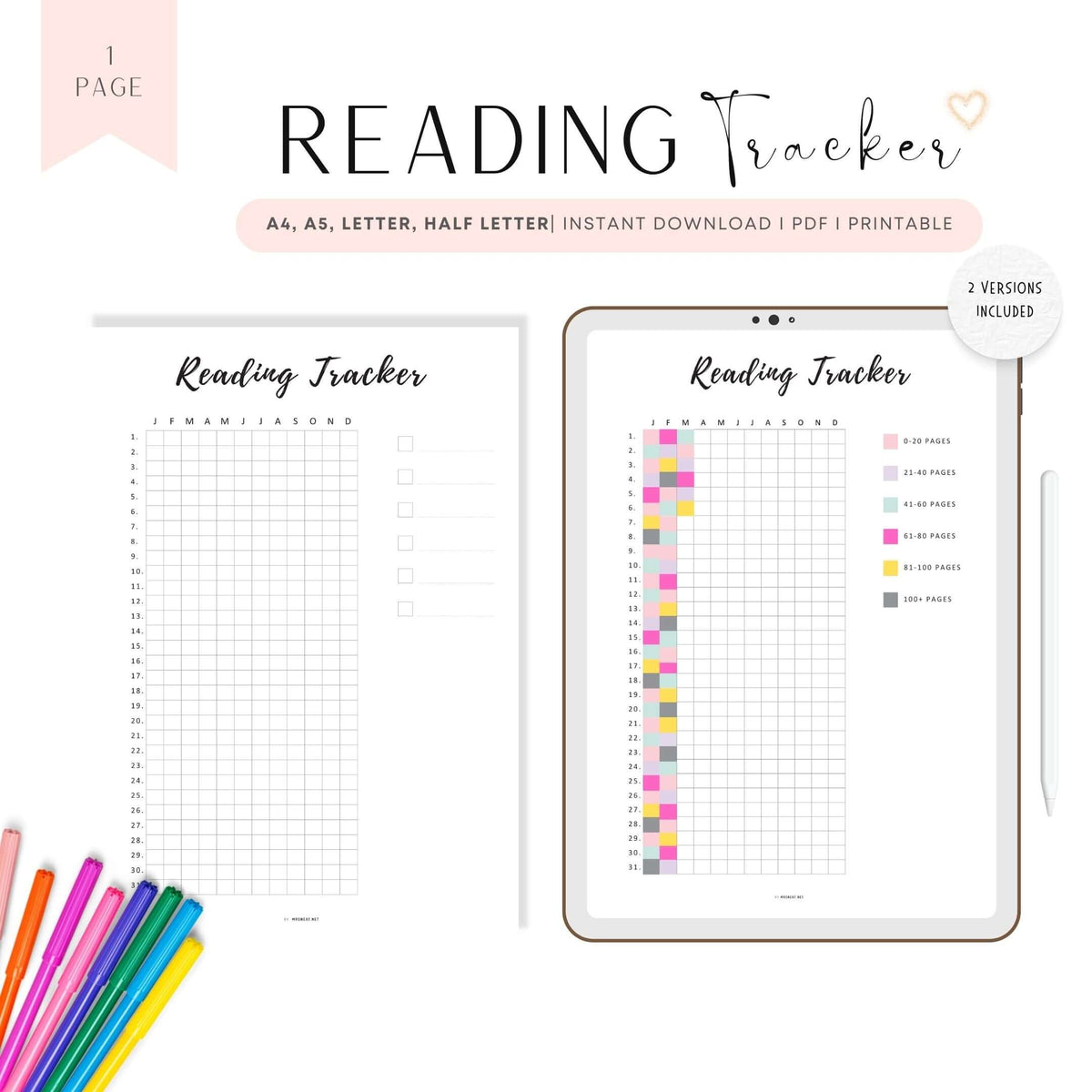 Printable Reading Tracker One Year Template - M336 – mrsneat