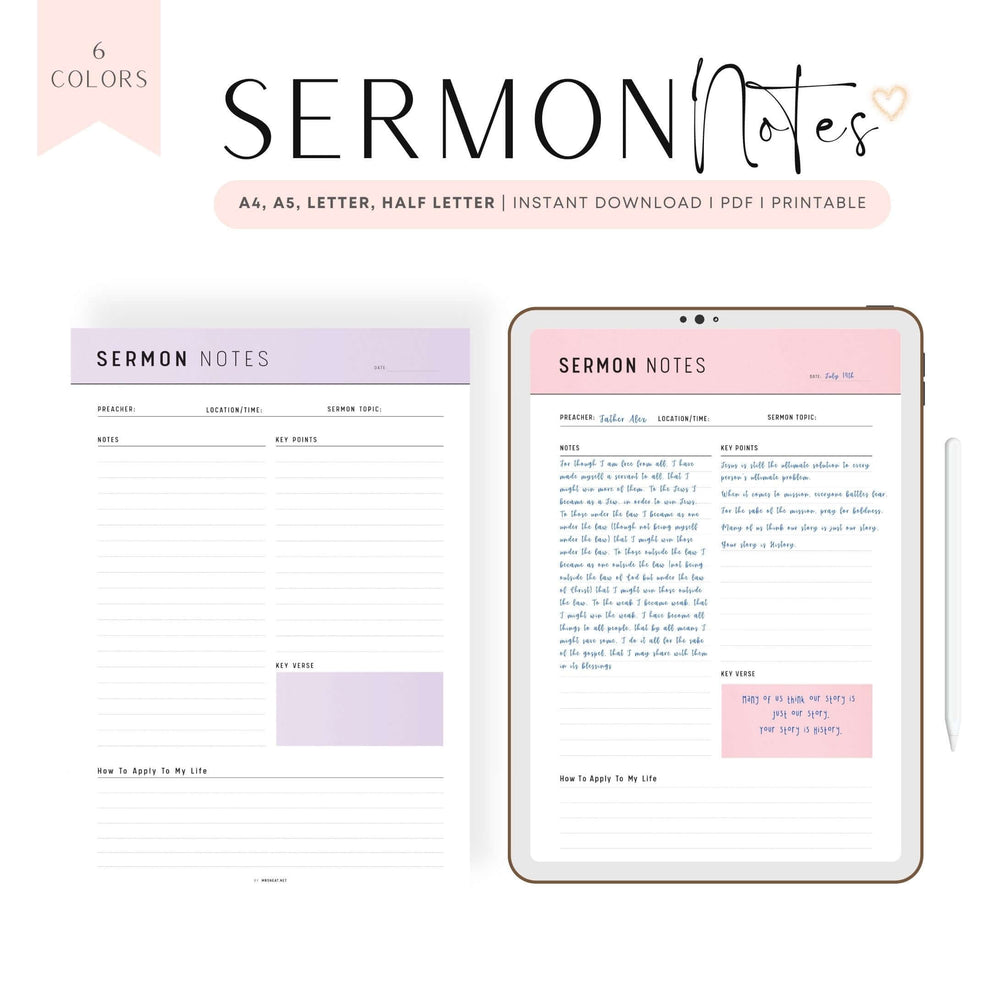 Printable Sermon Notes Journal Template - M301 – mrsneat