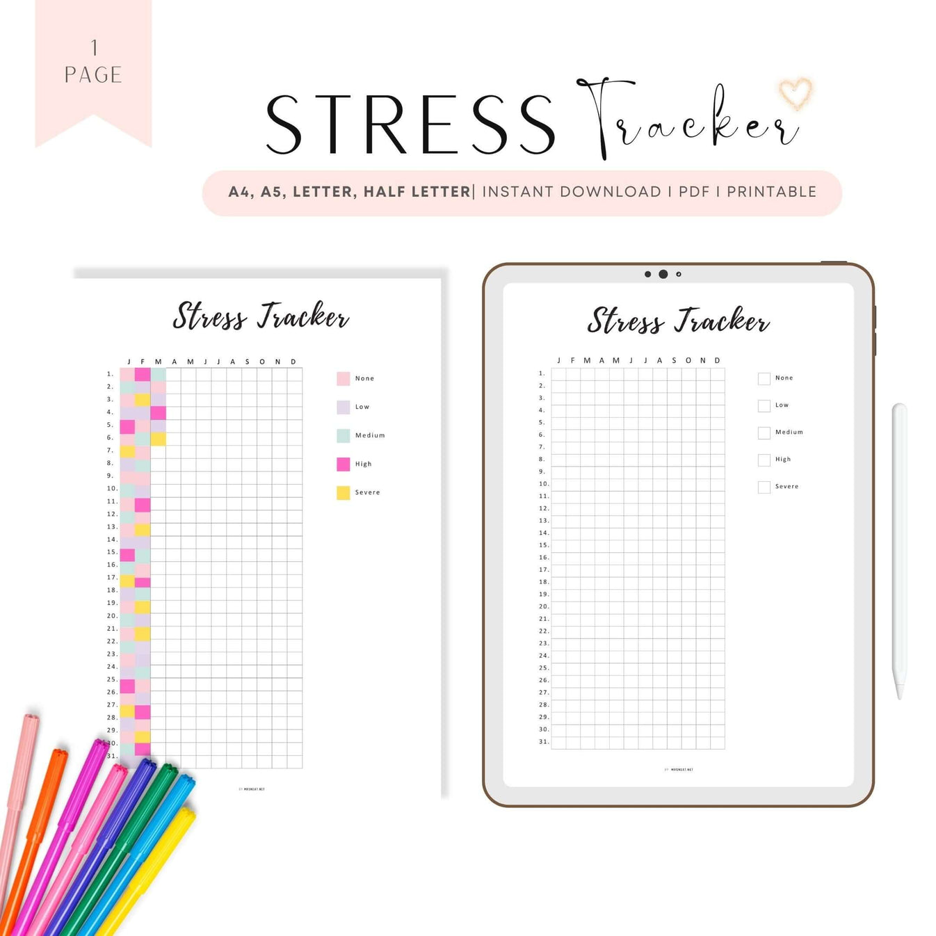 Printable Stress Tracker One Year Template - M338 – mrsneat