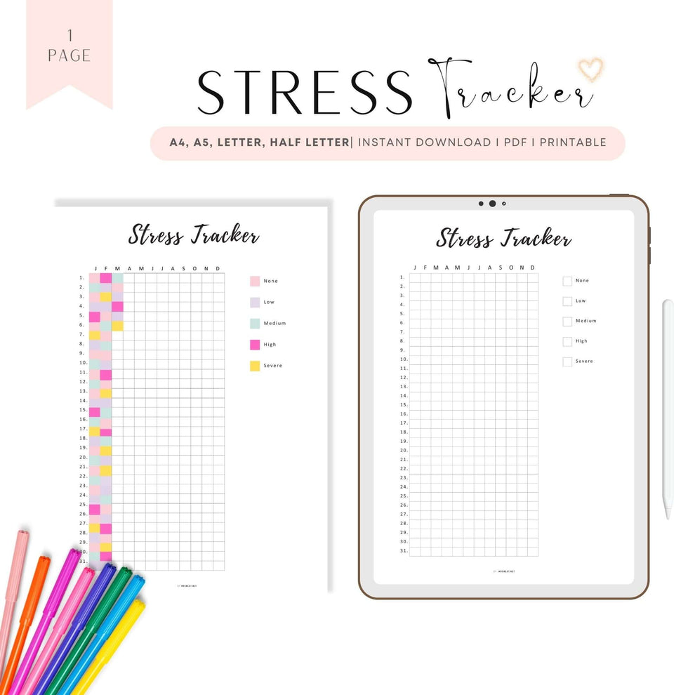 Printable Stress Tracker One Year Template - M338 – mrsneat