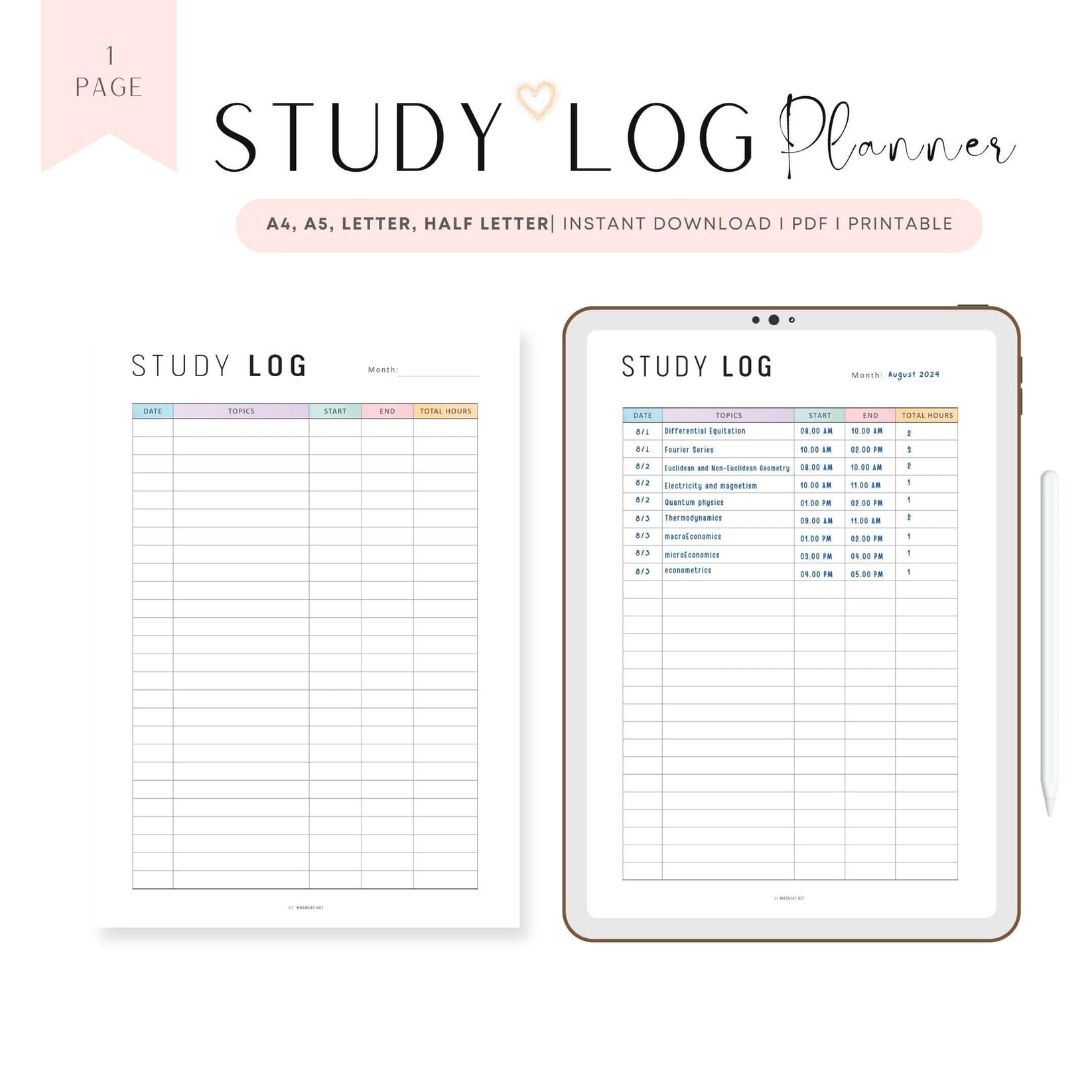 Monthly Study Log Planner Printable - M324 – mrsneat
