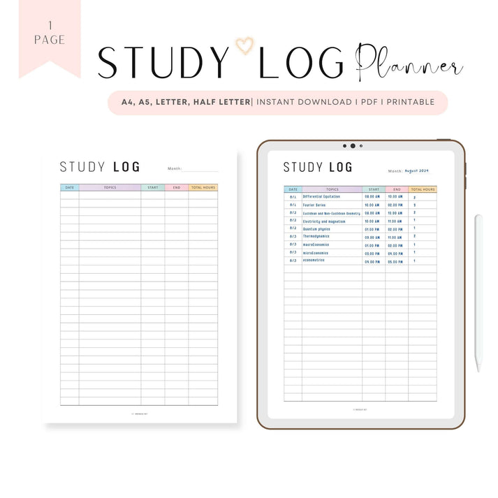 Monthly Study Log Planner Printable - M324 – mrsneat