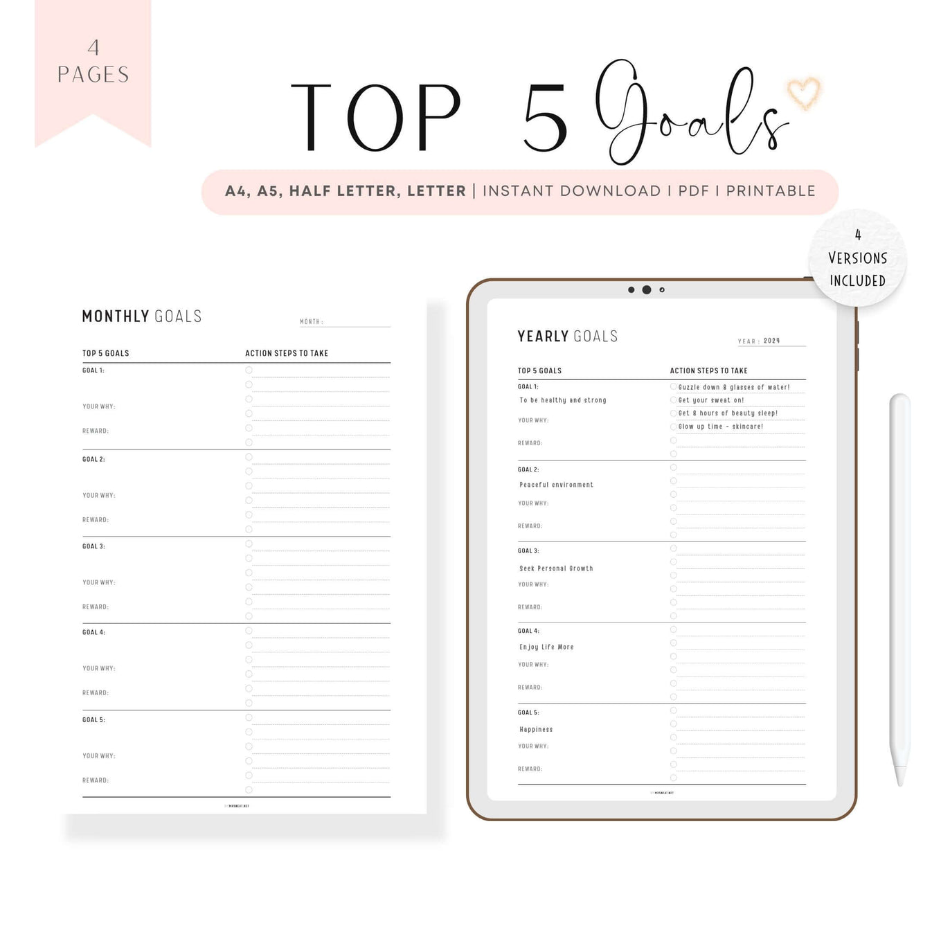 Top 5 Yearly, Quarterly, Monthly, Weekly Goals Planner PRINTABLE - M40 ...