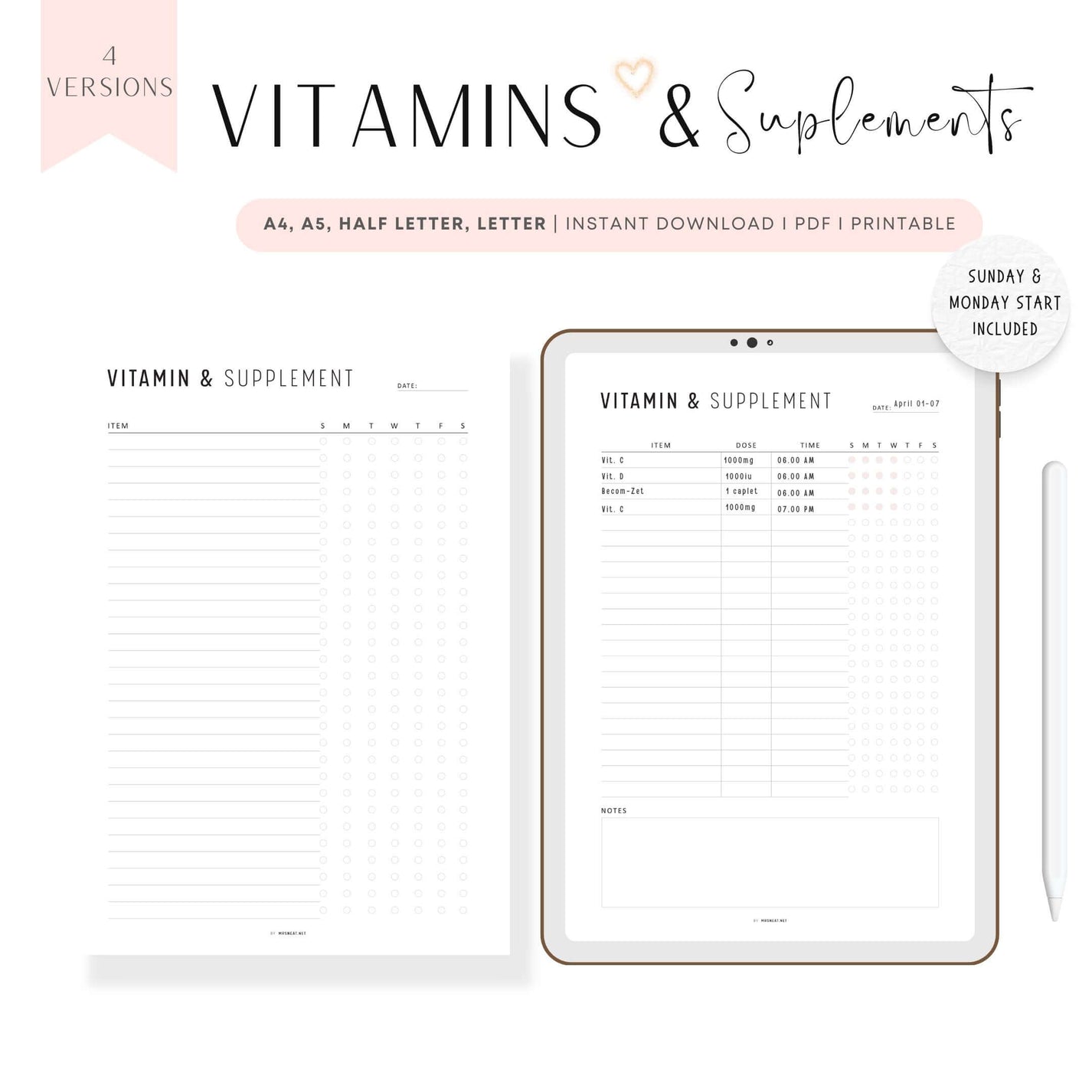 Daily Vitamin & Supplements Tracker Printable - M401 – mrsneat