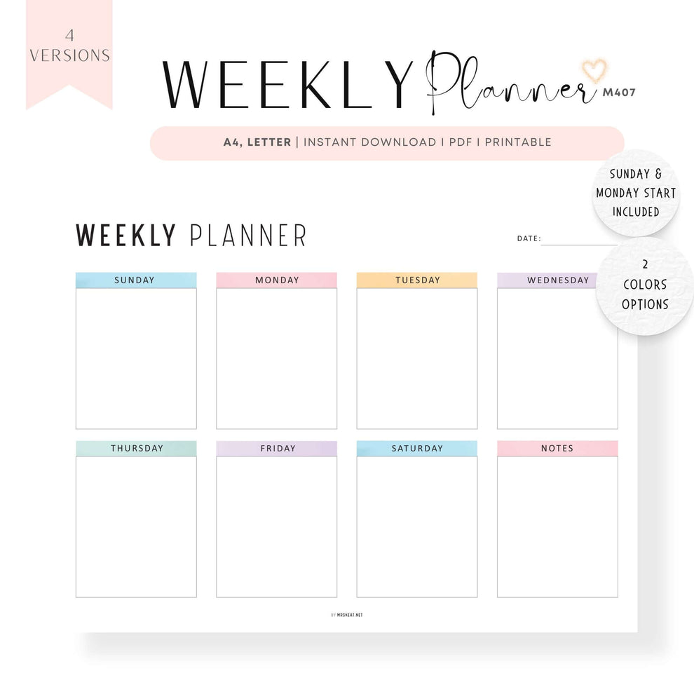 Weekly Planner PRINTABLE, 4 versions, 2 colors - M407 – mrsneat