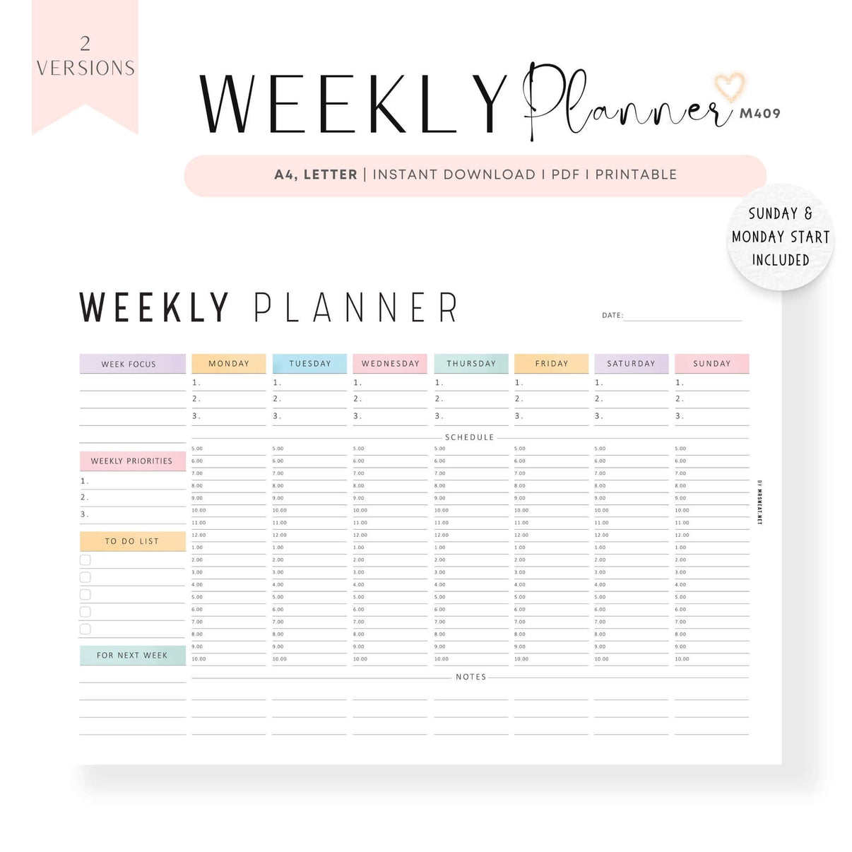 Colorful Weekly Hourly Planner Template Printable – mrsneat