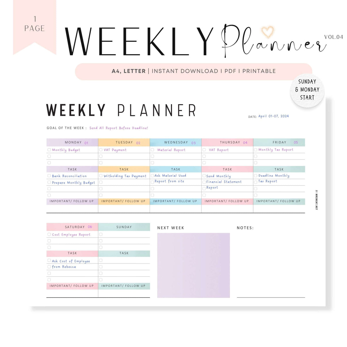 Printable Weekly Planner Landscape PDF - M330 – mrsneat