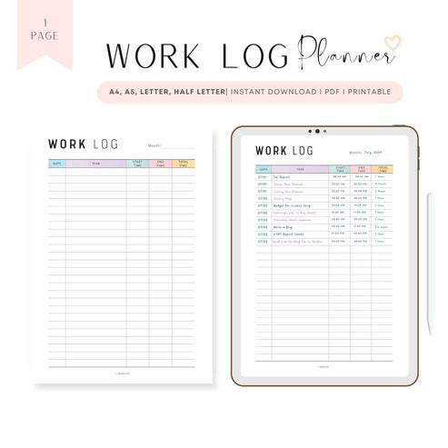 Printable Work Log Template - M327 – mrsneat