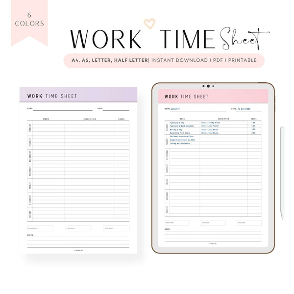 Printable Work Time Sheet Template - M321 – mrsneat