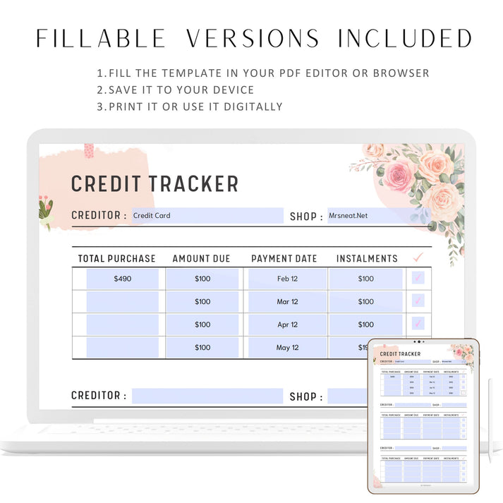 Floral Credit Tracker Printable - M010 – mrsneat