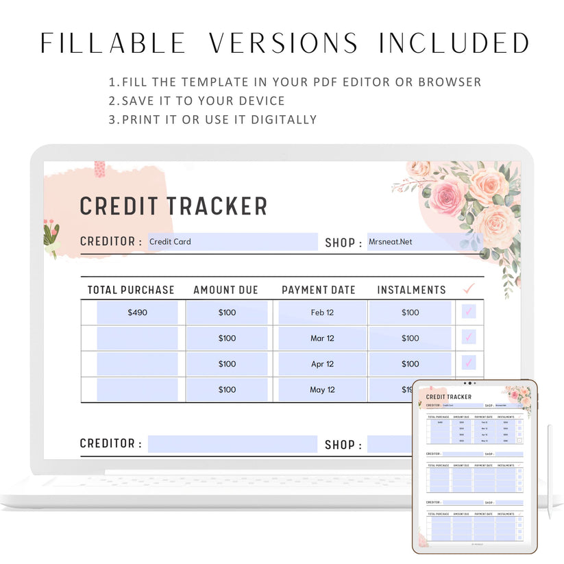 Floral Credit Tracker Printable - M010 – mrsneat