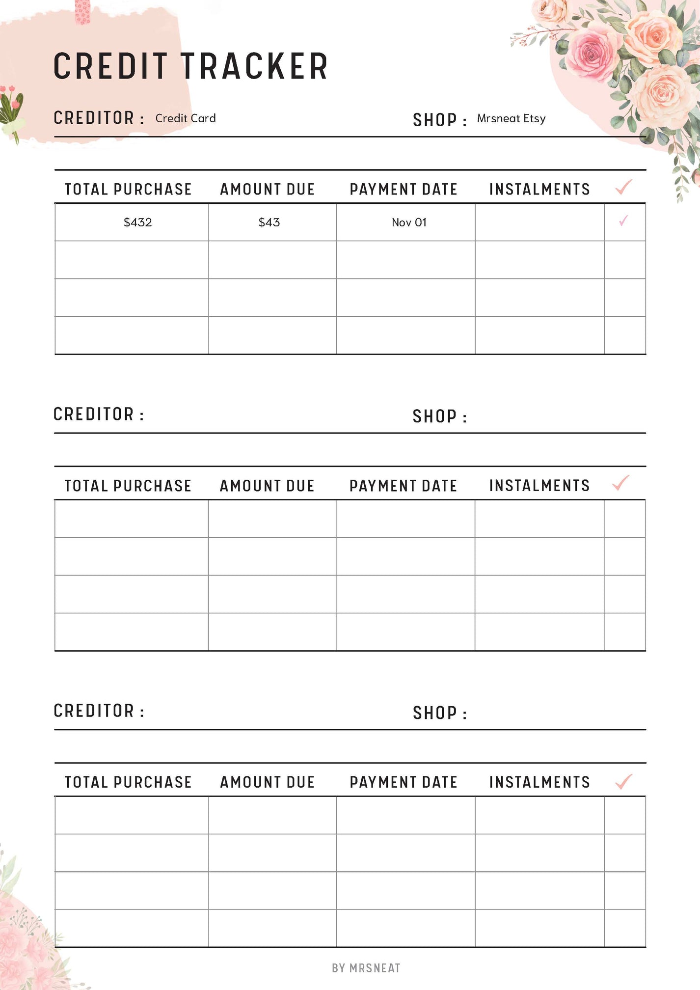 Floral Credit Tracker Printable - M010 – mrsneat