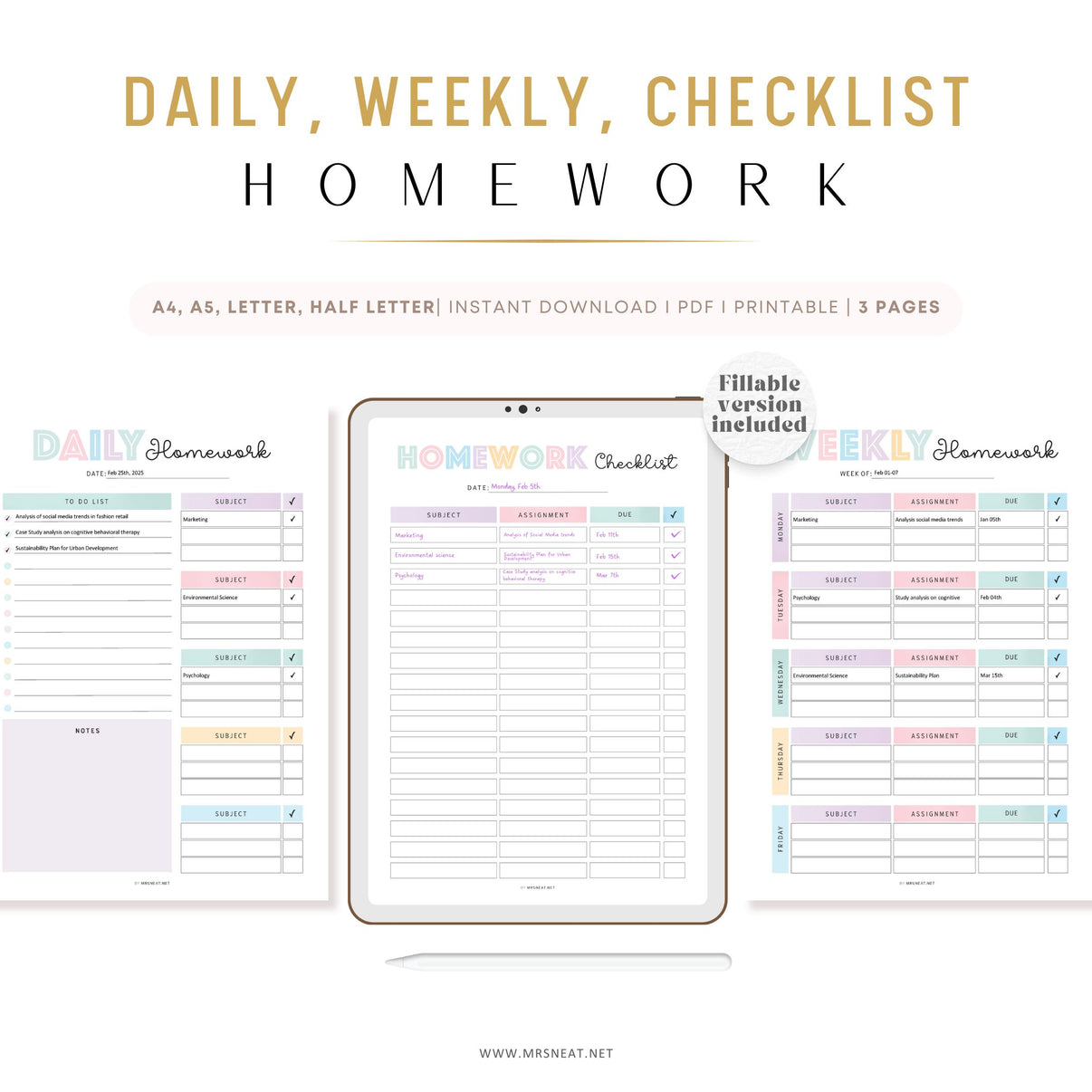 Editable Homework Tracker Bundle Printable - M536 – mrsneat
