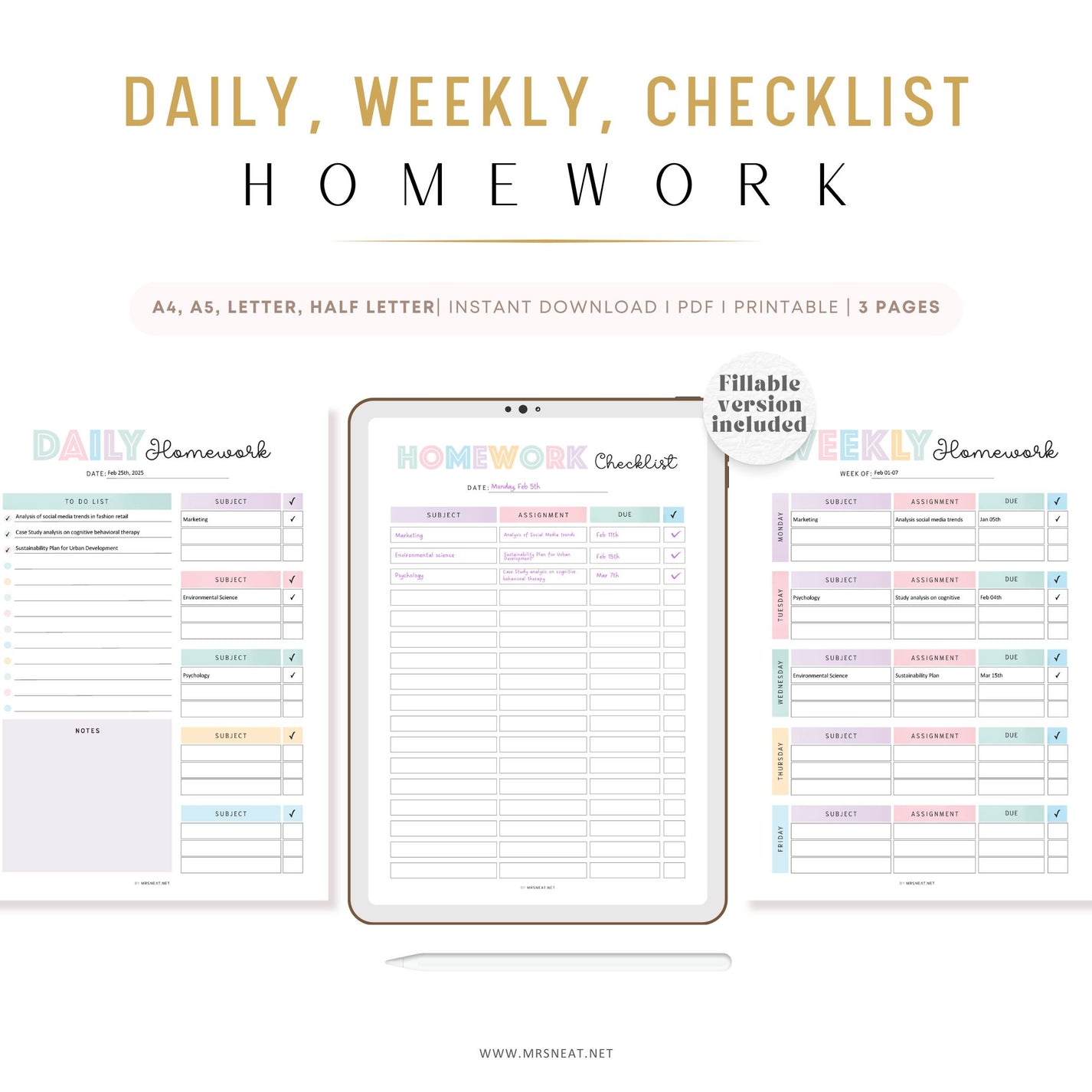 FILLABLE Homework Tracker Bundle PRINTABLE - M536 – mrsneat