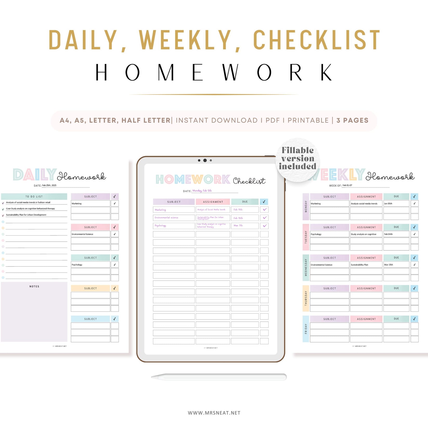 Editable Homework Tracker Bundle Printable - M536 – mrsneat